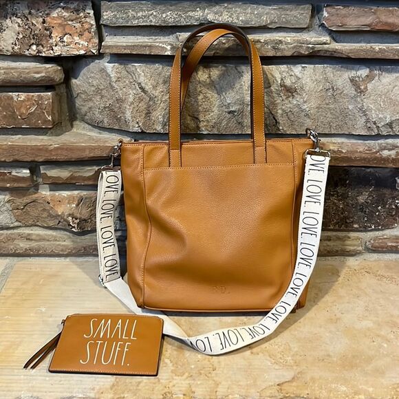 Rae Dunn | Bags | Rae Dunn Faux Leather Brown Tote Bag With Small Stuff ...